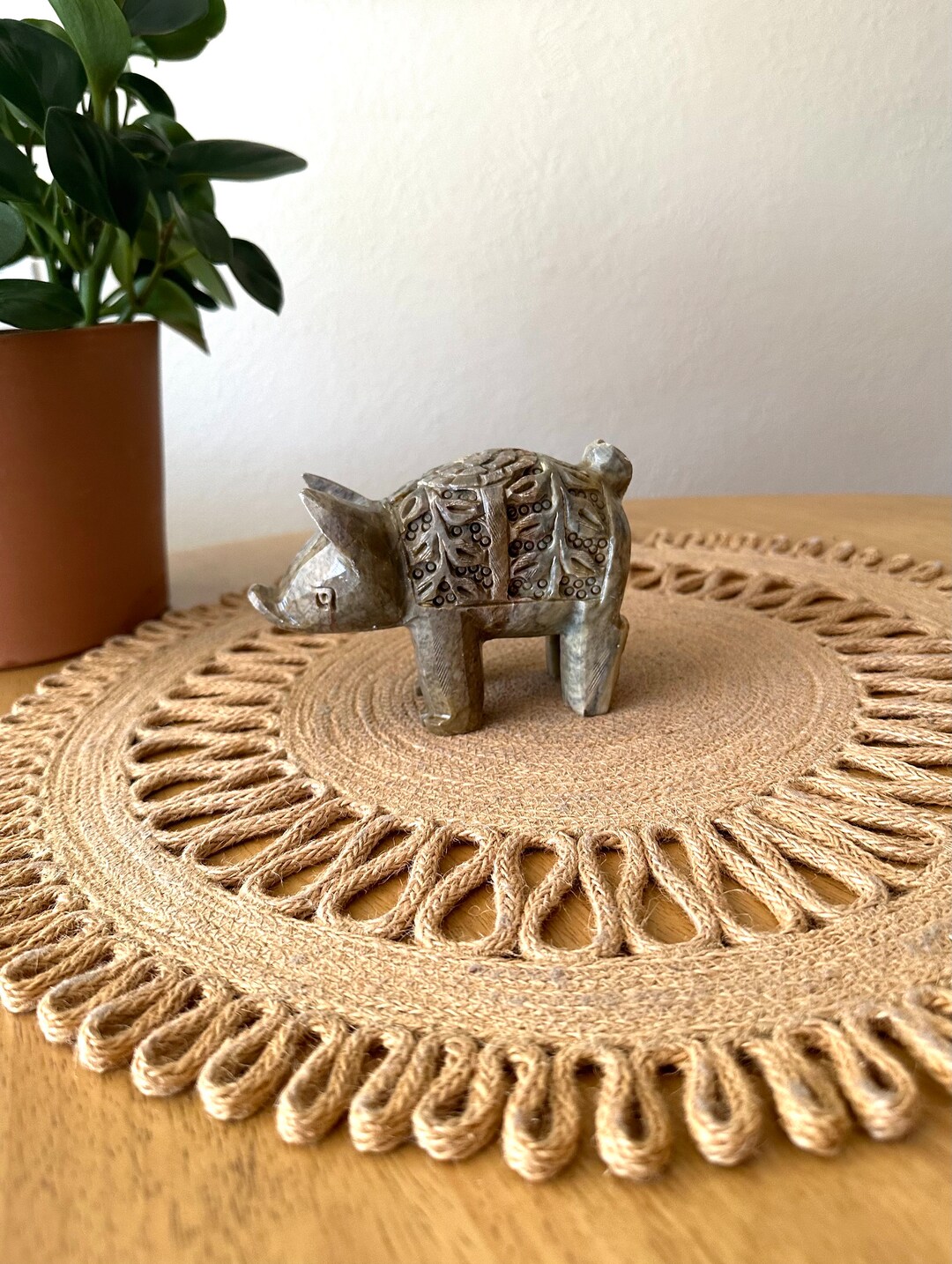 Stone Pig Statue Green Onyx Animal Figure Cute Shelf Decor Farmhouse ...