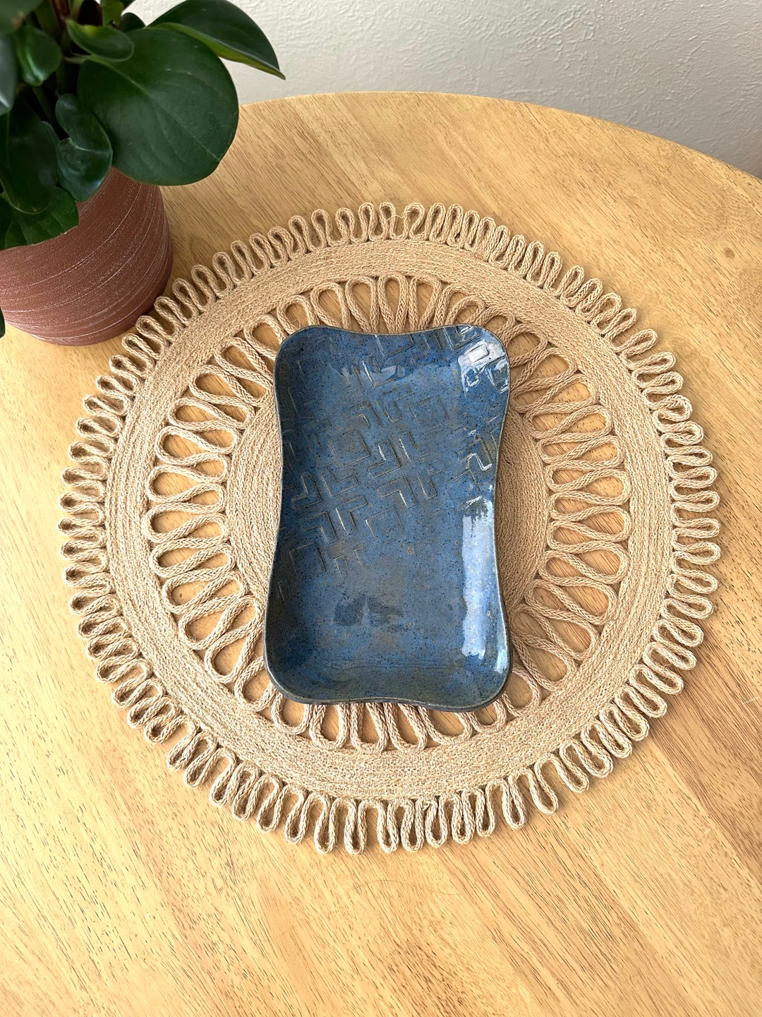 Blue Pottery Dish Ceramic Jewelry Dish Blue Pottery Tray Handmade Pottery Soap Dish Blue Spoon ...