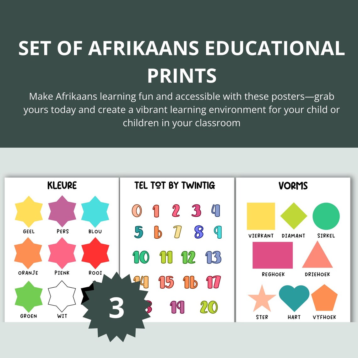 Afrikaans Educational Posters Shapes, Numbers, and Colors for Kids ...