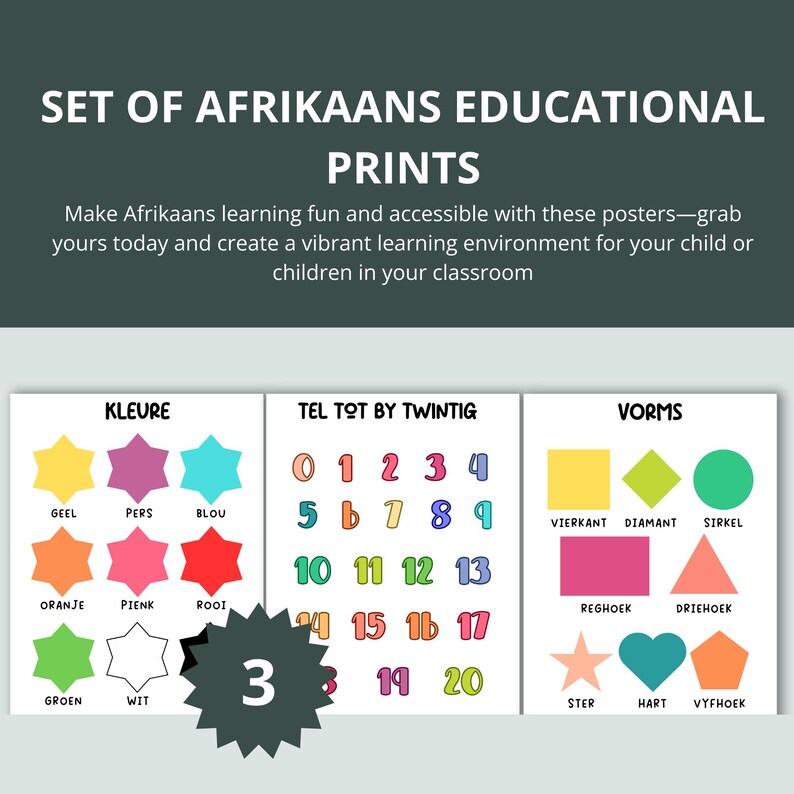 Afrikaans Educational Posters Shapes, Numbers, and Colors for Kids ...