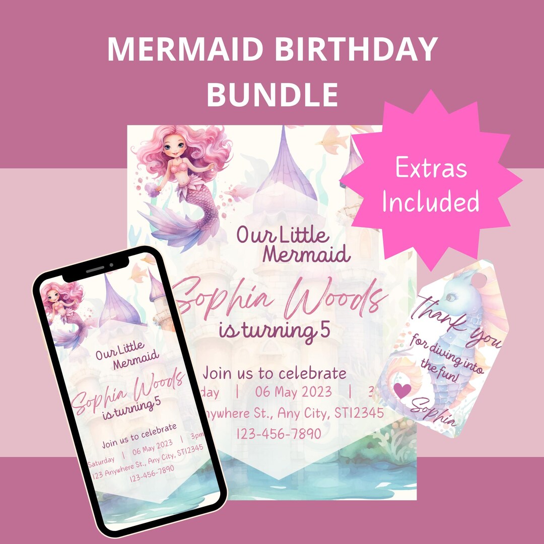 Editable Mermaid Theme Birthday Invitation Template, Printable Birthday ...