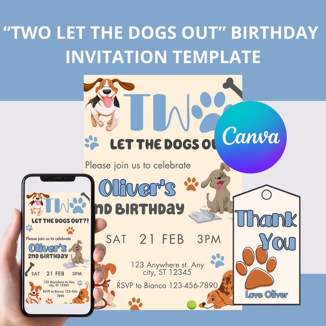 Two Let the Dogs Out Birthday Invitation | Editable Puppy Dog Theme ...