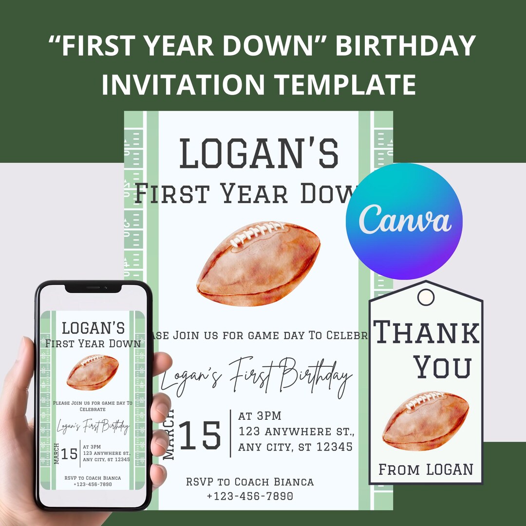 First Year Down Birthday Invite | Football Theme Invite | Boy's 1st ...