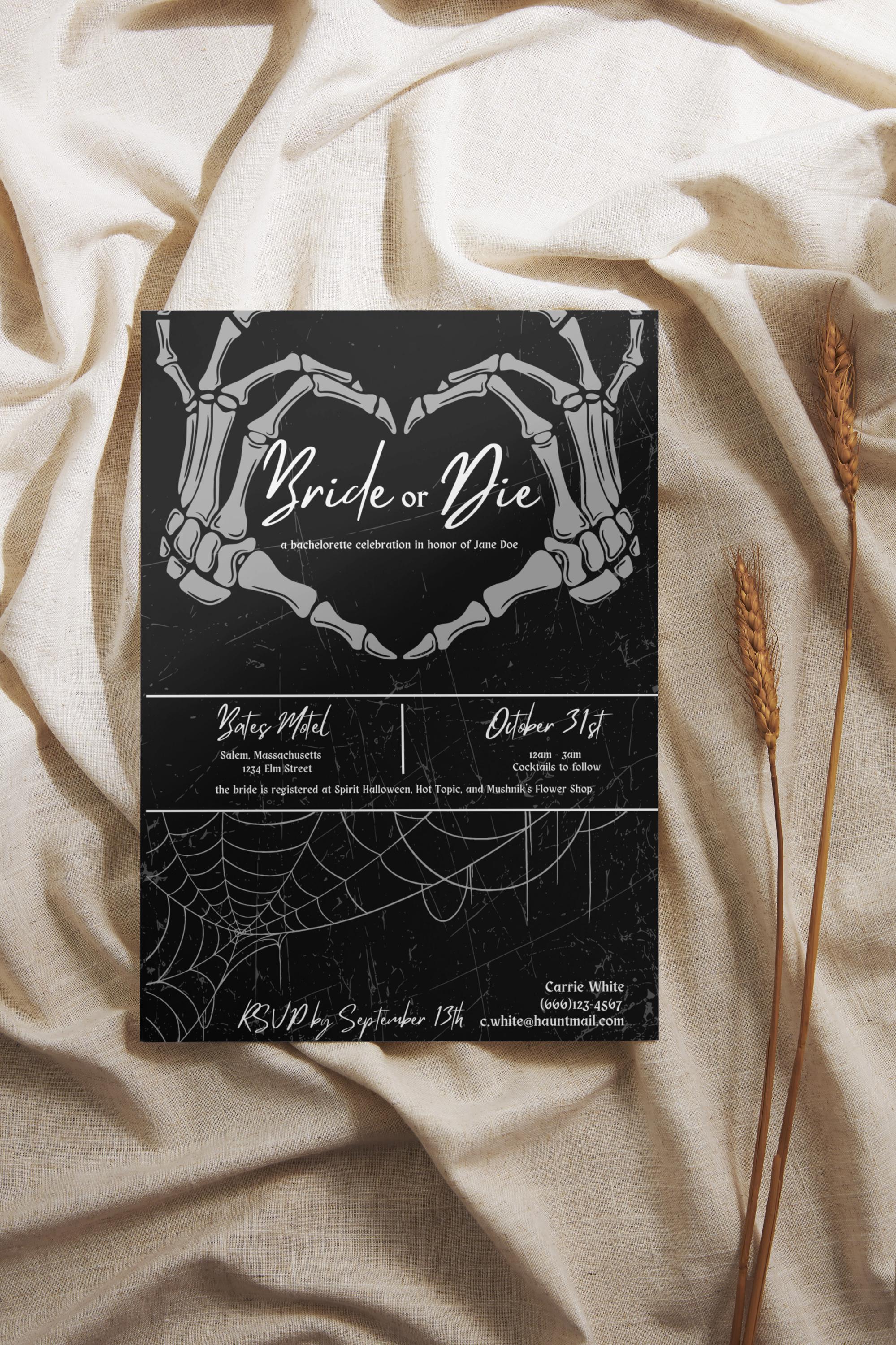 Bride or Die Bachelorette Party Invitation, Skeleton/gothic/halloween ...