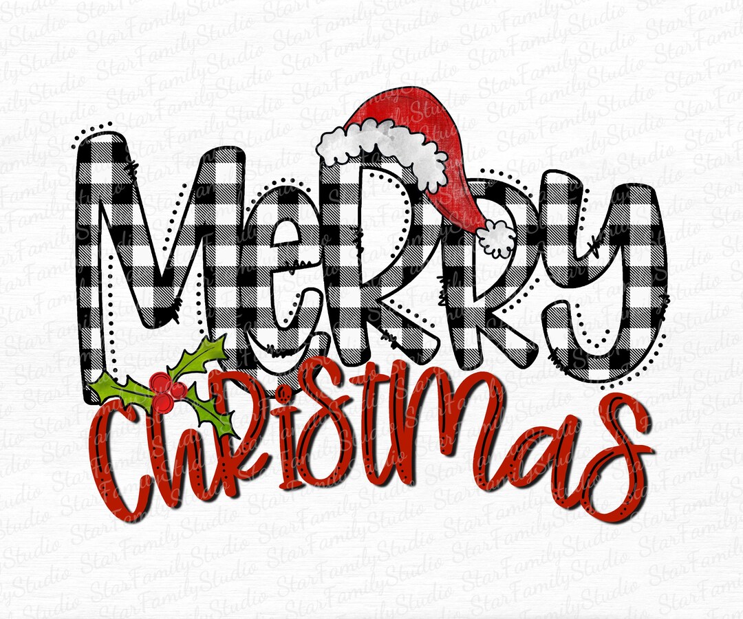 Merry Christmas - Black & White Buffalo Plaid - PNG File, Sublimation ...