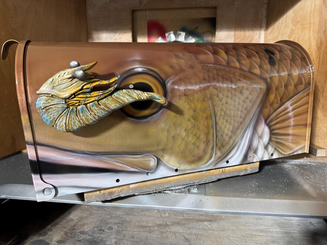 Redfish Mailbox With Jumping Shrimp Flag. Custom Airbrushed for Your ...