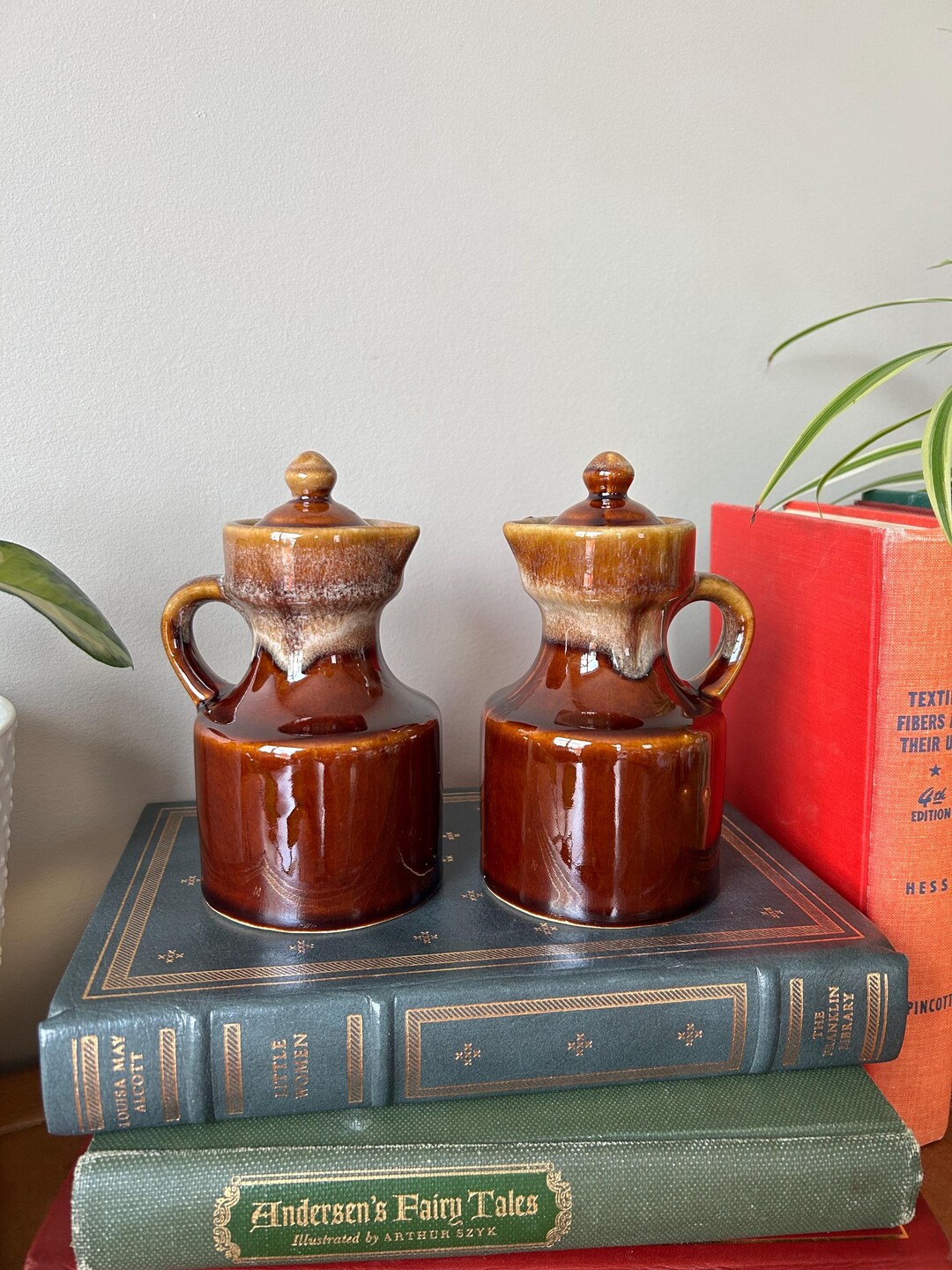 Mid Century Modern Drip Glaze Pottery Oil and Vinegar Bottles / Creamer ...