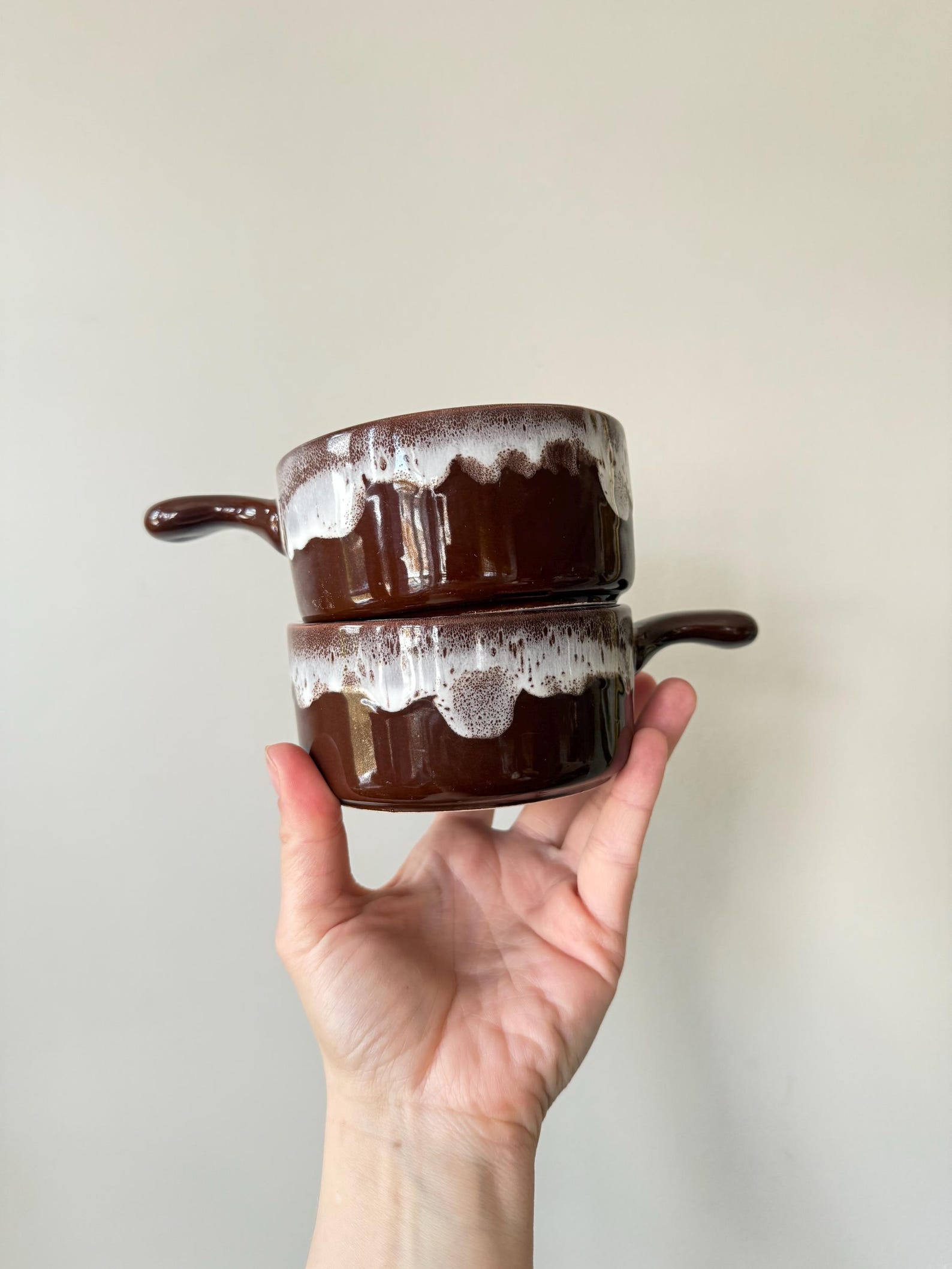 Vintage Brown Drip Glaze Soup Bowls With Handles – Set of Two, Made in ...