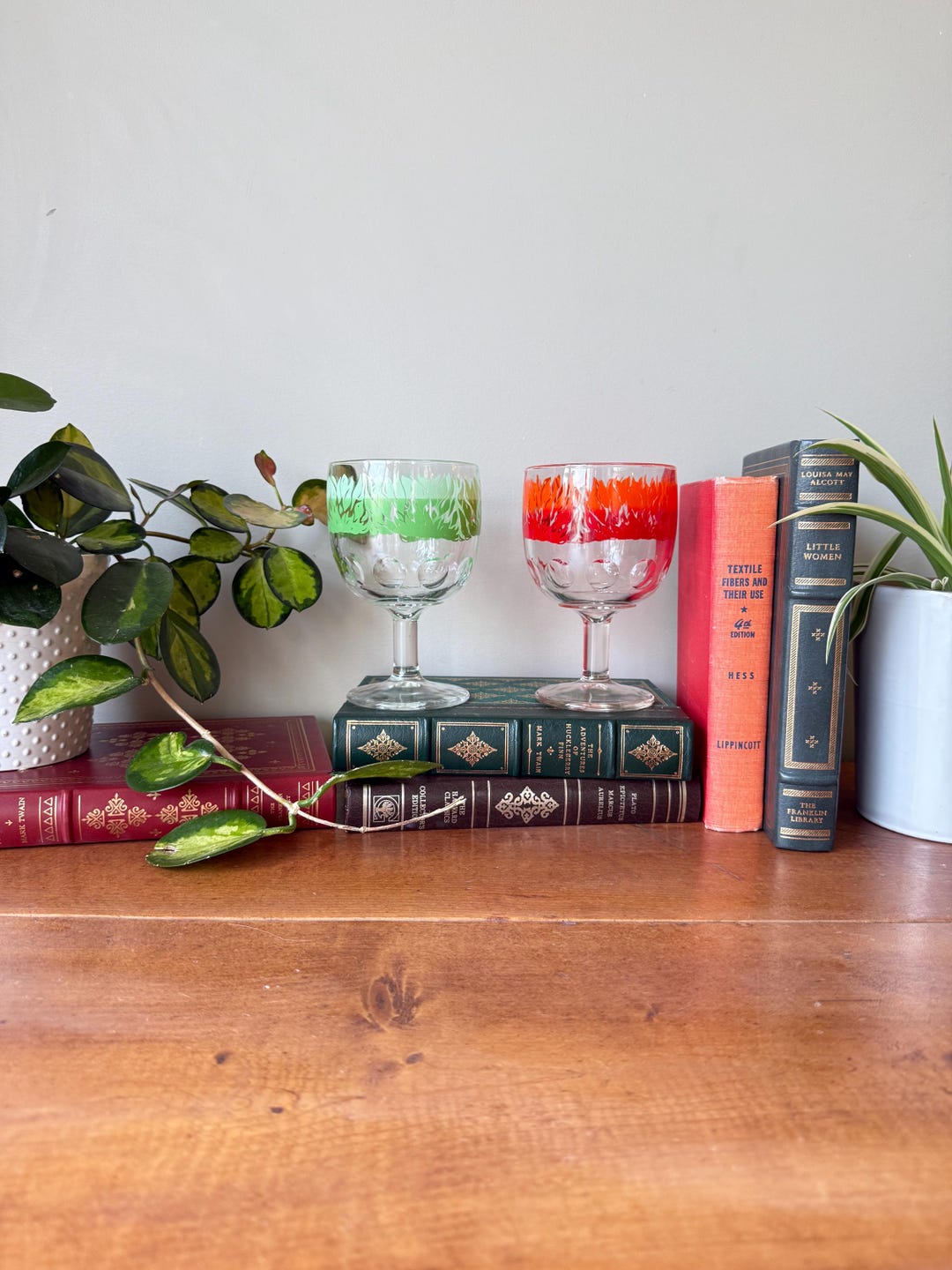 Set of Two Vintage Heavy Glass "thumbprint" Beer Goblets With Green and ...