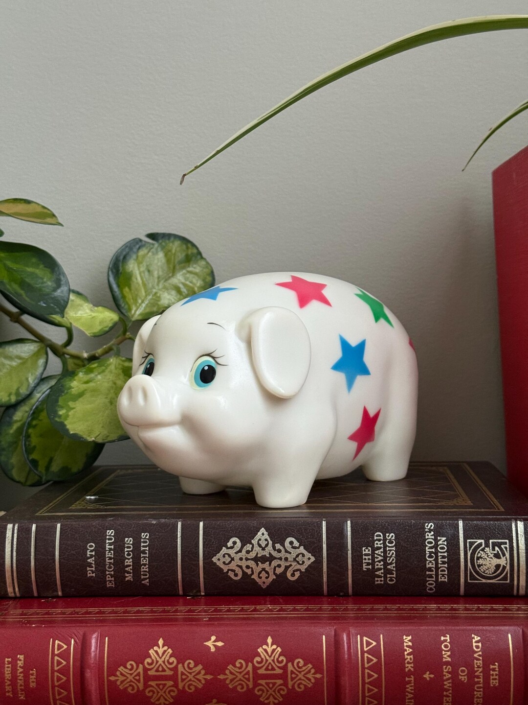 Vintage 1970s–80s White Plastic Piggy Bank With Blue, Red & Green Stars ...