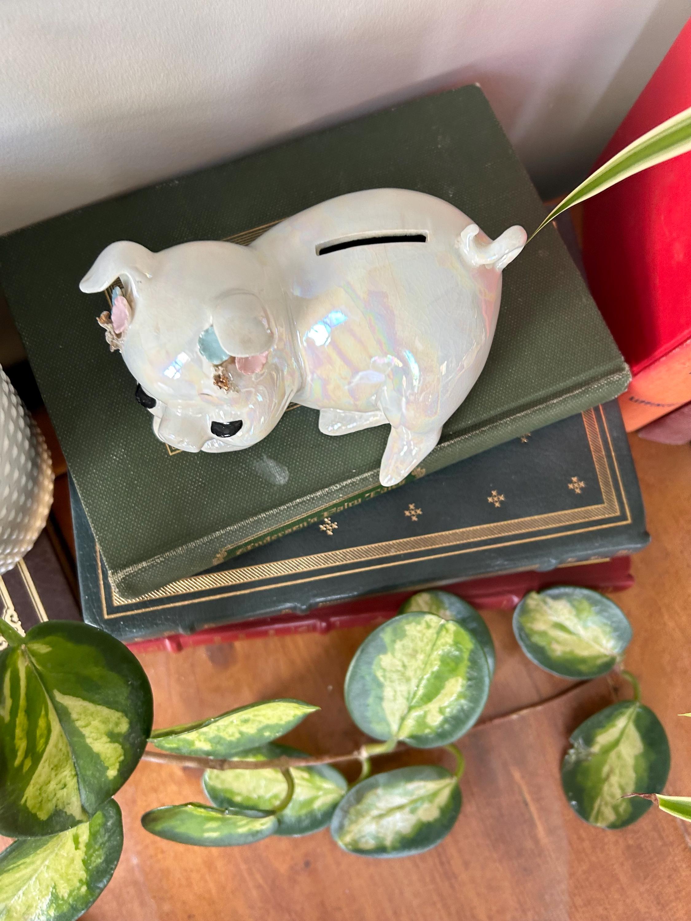 Vintage Ceramic Iridescent Piggy Bank, Sleeping Piglet Coin Bank ...