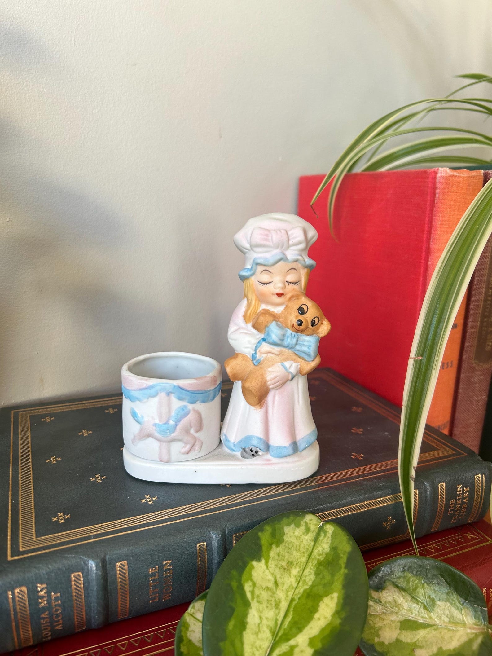 Vintage Bisque Girl Holding Teddy Bear Figurine and Candle Holder / Egg ...
