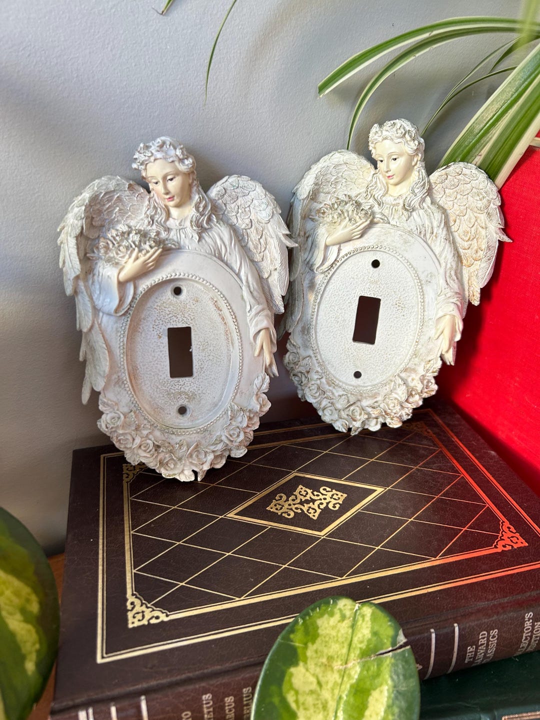 Set of Two Vintage Resin Winged White and Gold Angel Light Switch Cover ...