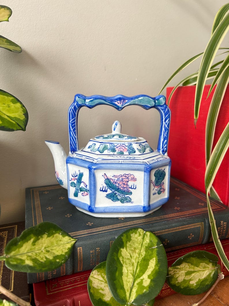 Vintage Chinese Teapot Lotus and Lily Design, Blue, White, Pink and ...