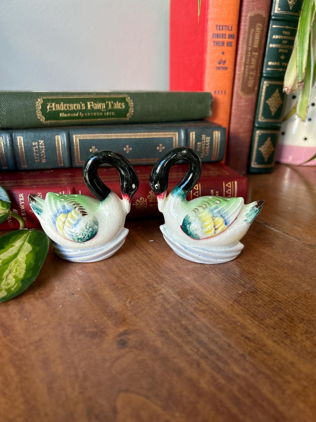 Vintage Swan Salt and Pepper Shakers, Pair of Black, White, Green Swans ...