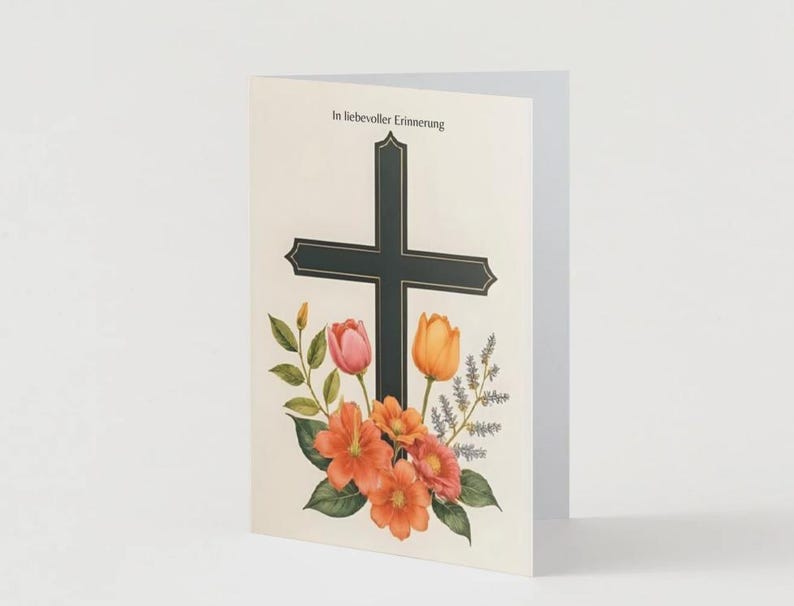 Set of 4 Folding Mourning Cards – Cross & Flowers – Stylish Condolence ...