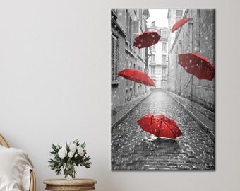 Her in the Rain 8x8 Watercolor Canvas Wall Art Red Umbrella Abstract ...