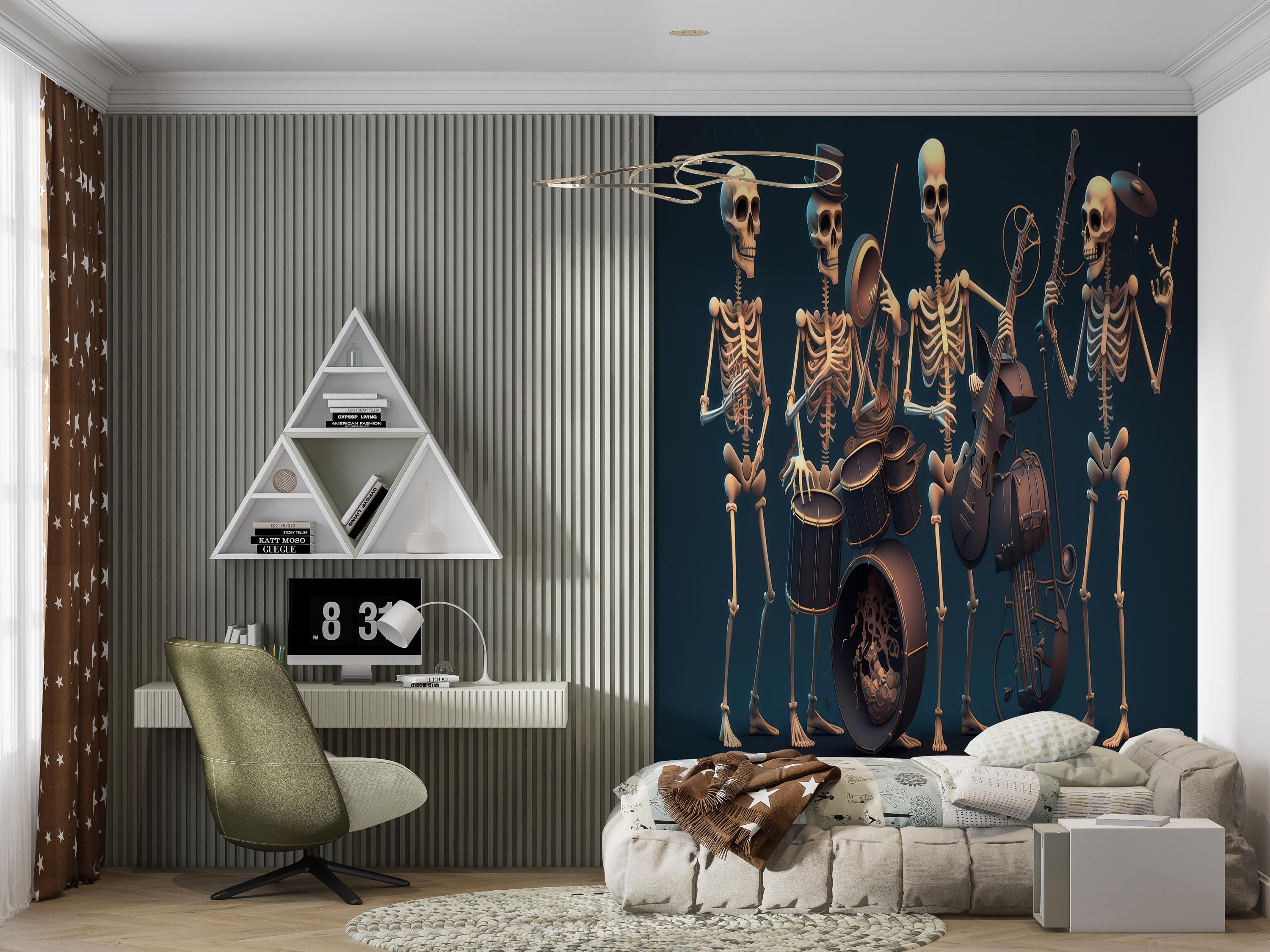 Skeleton Band Wall Mural for Music Room, Dark Humorous Gothic Wallpaper ...
