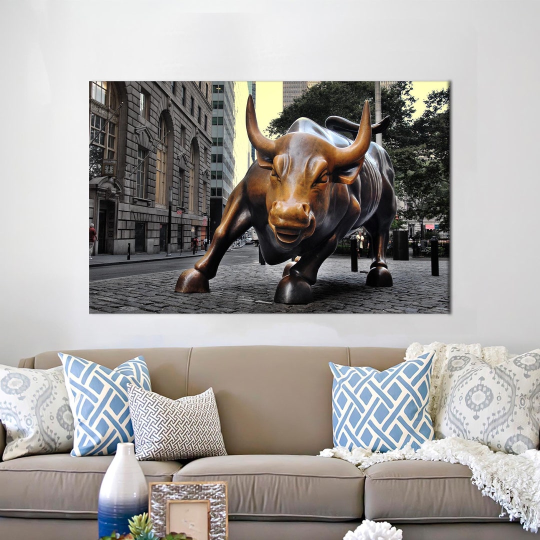 Charging Bull Art, New York Landscape, Bronze Bull Artwork, Bull Canvas ...