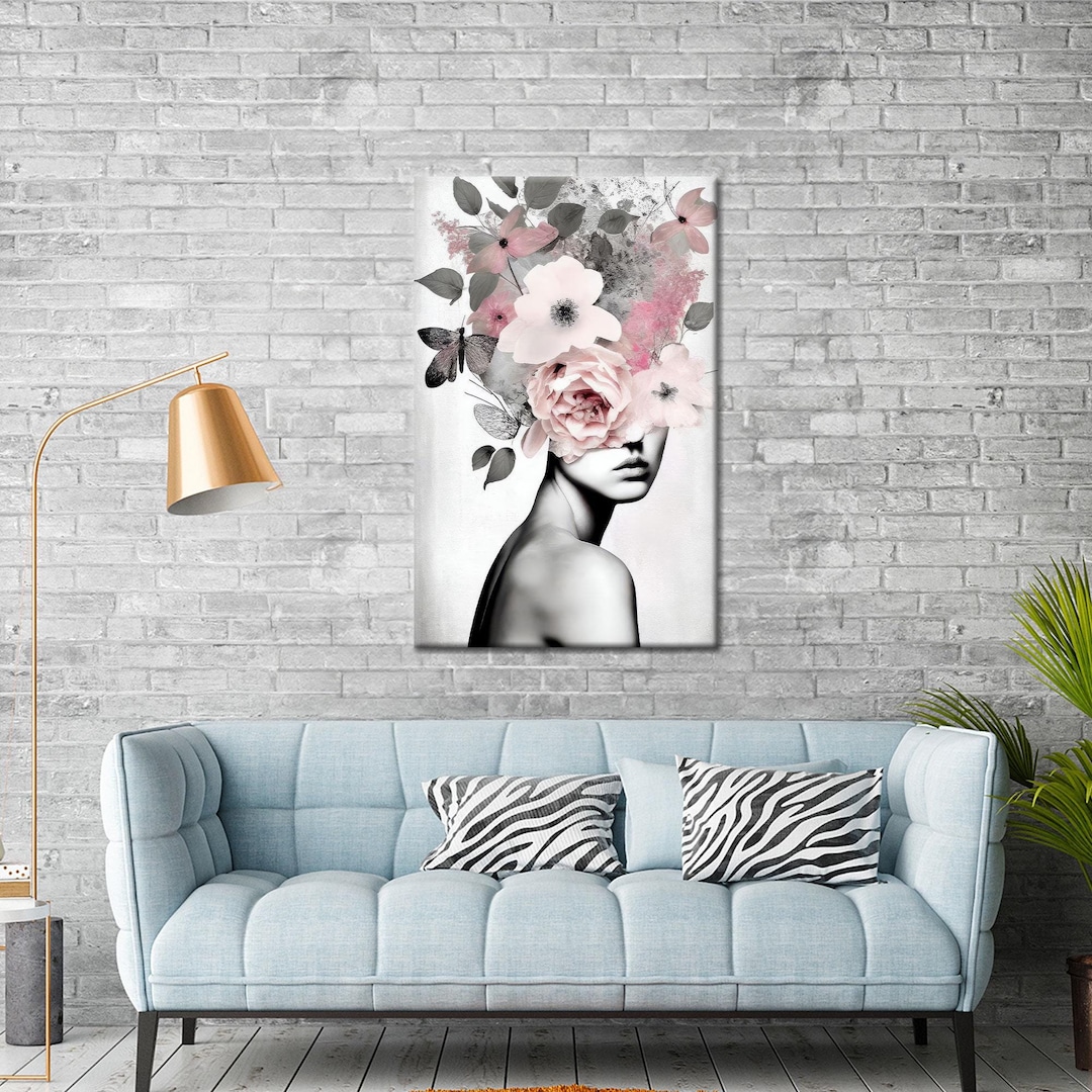 Woman Canvas Art, Flower Canvas Art, Abstract Art Decor, Pink Artwork ...