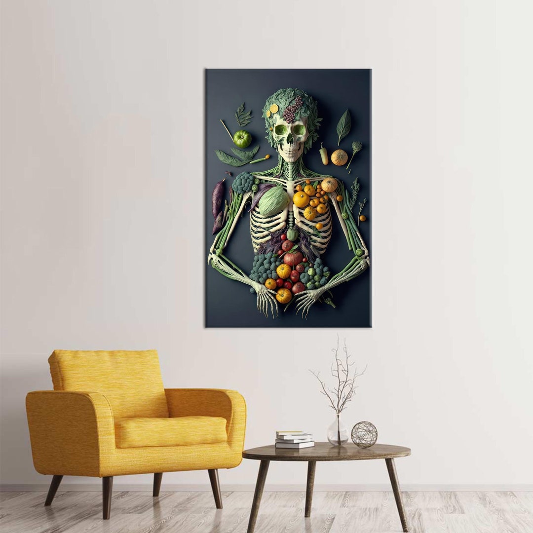 Happy Skeleton Art, Fruit and Vegetable, Healty Living Art, Surreal ...