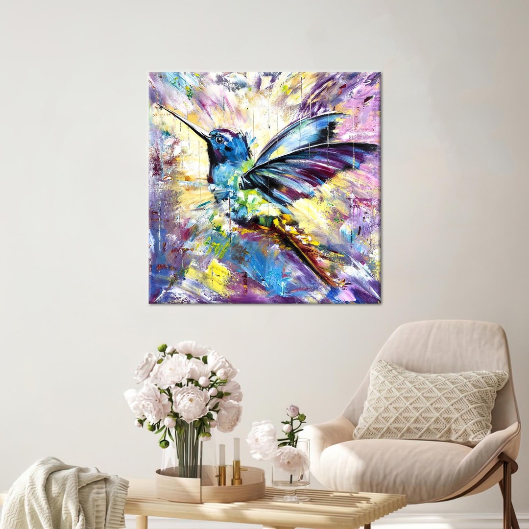 Hummingbird Art, Colorful Bird Art, Abstract Bird Canvas, Colorful Wall ...