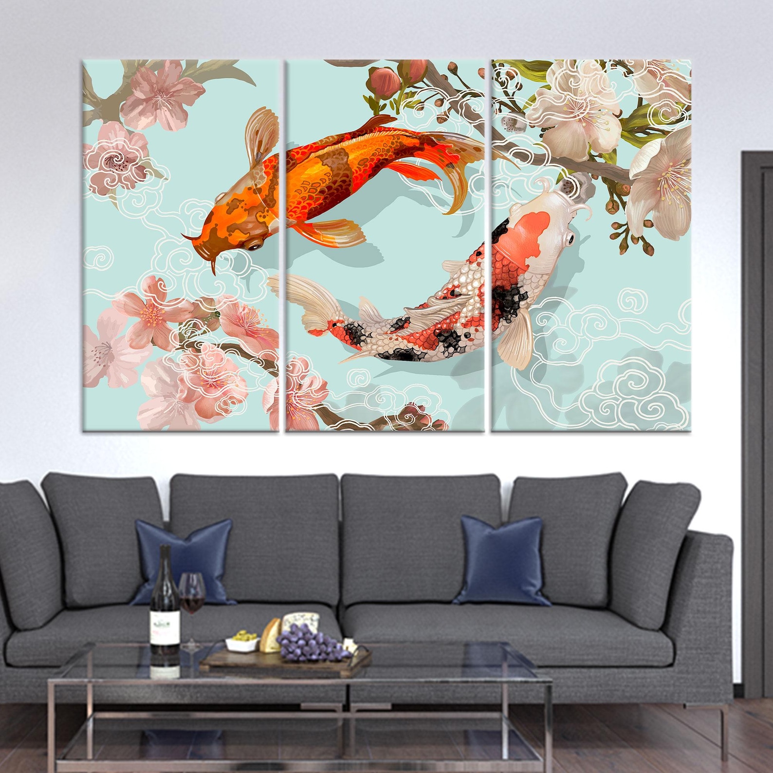 Koi Fish Canvas Wall Art, Japanese Style Yin Yang Carp Painting, Cherry ...
