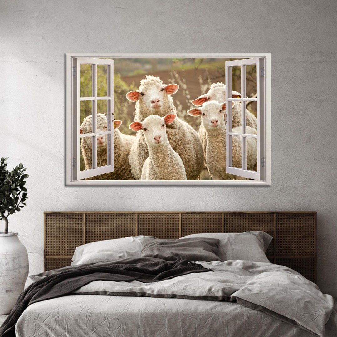 Sheep Canvas Art, Window Landscape, Farmhouse Artwork, Cute Sheep Decor ...