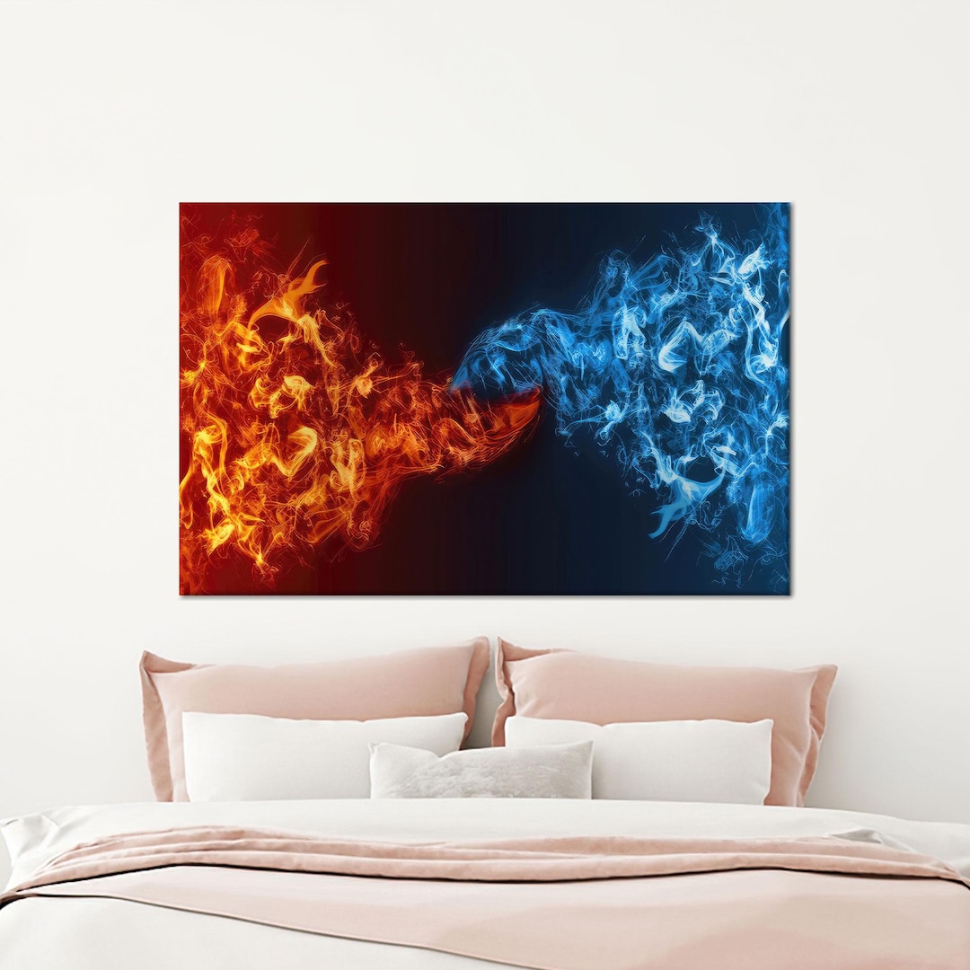 Fire Vs Water Art, Red Vs Blue Canvas, Element War Decor, Ice Heat ...