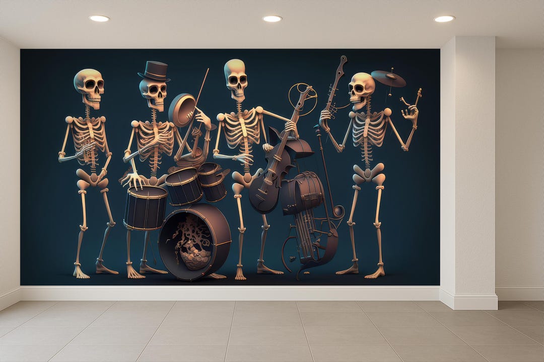 Skeleton Band Wall Mural for Music Room, Dark Humorous Gothic Wallpaper ...
