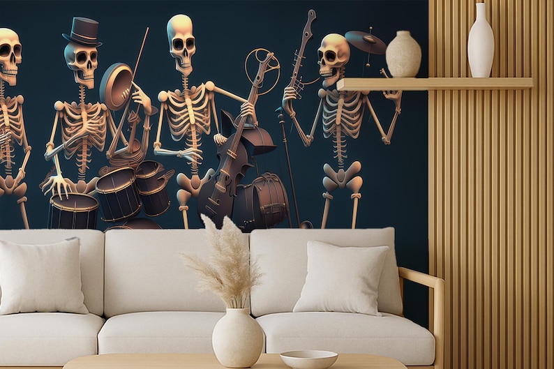 Skeleton Band Wall Mural for Music Room, Dark Humorous Gothic Wallpaper ...