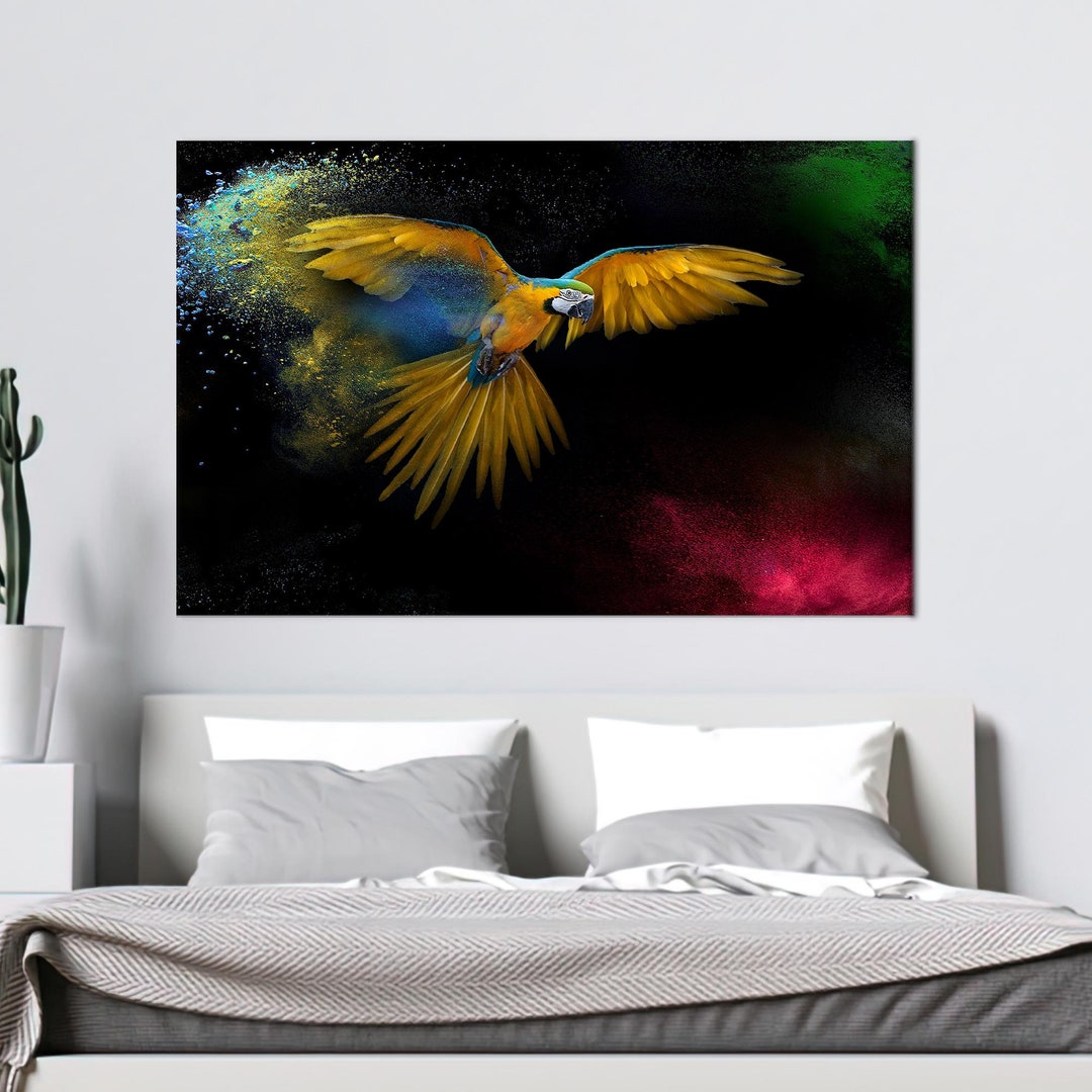 Flying Parrot Art, Yellow Parrot Artwork, Parrot Canvas Art, Bird Wall ...