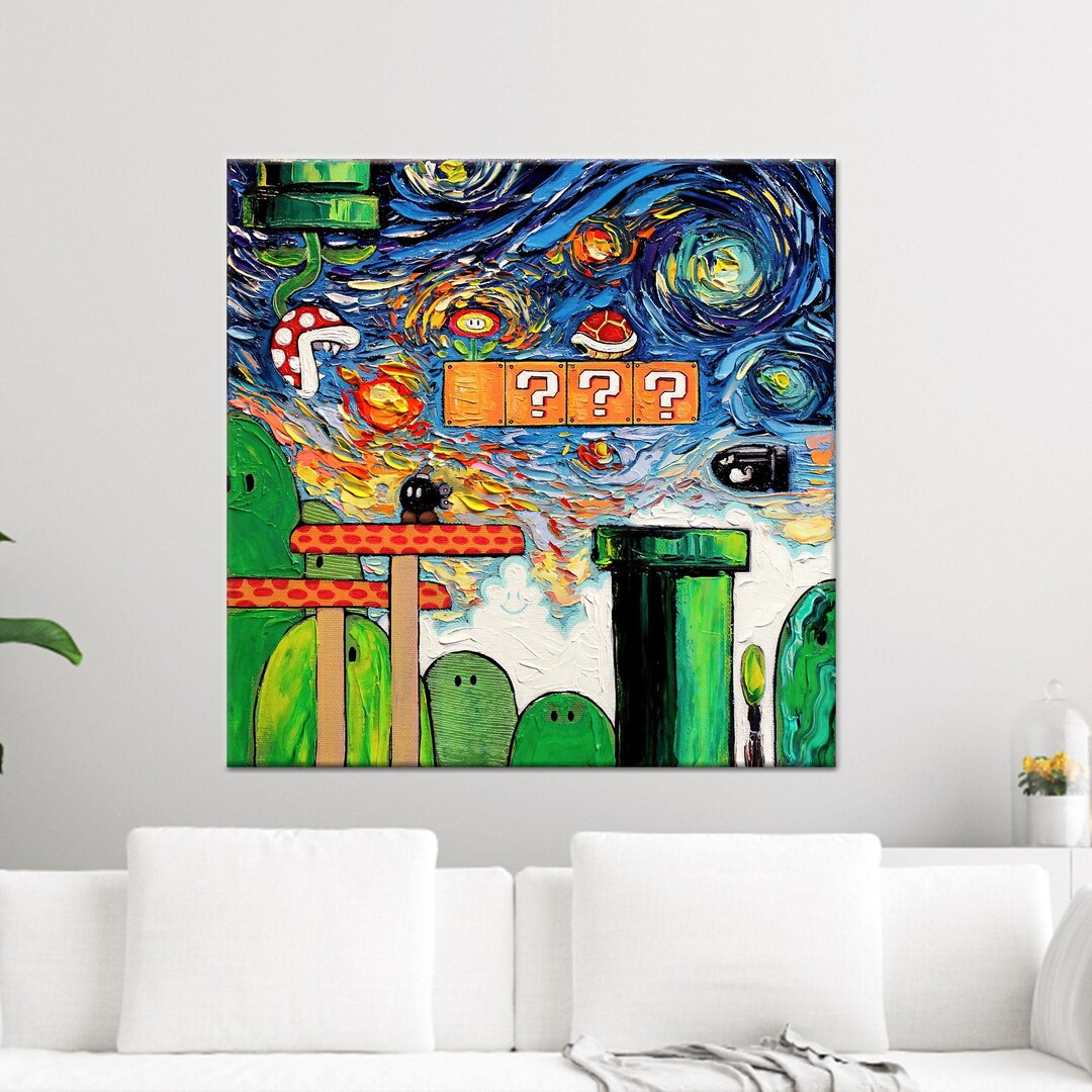 Mario World Art, Mario World Starry Night, Super Mario Canvas, Van Gogh ...