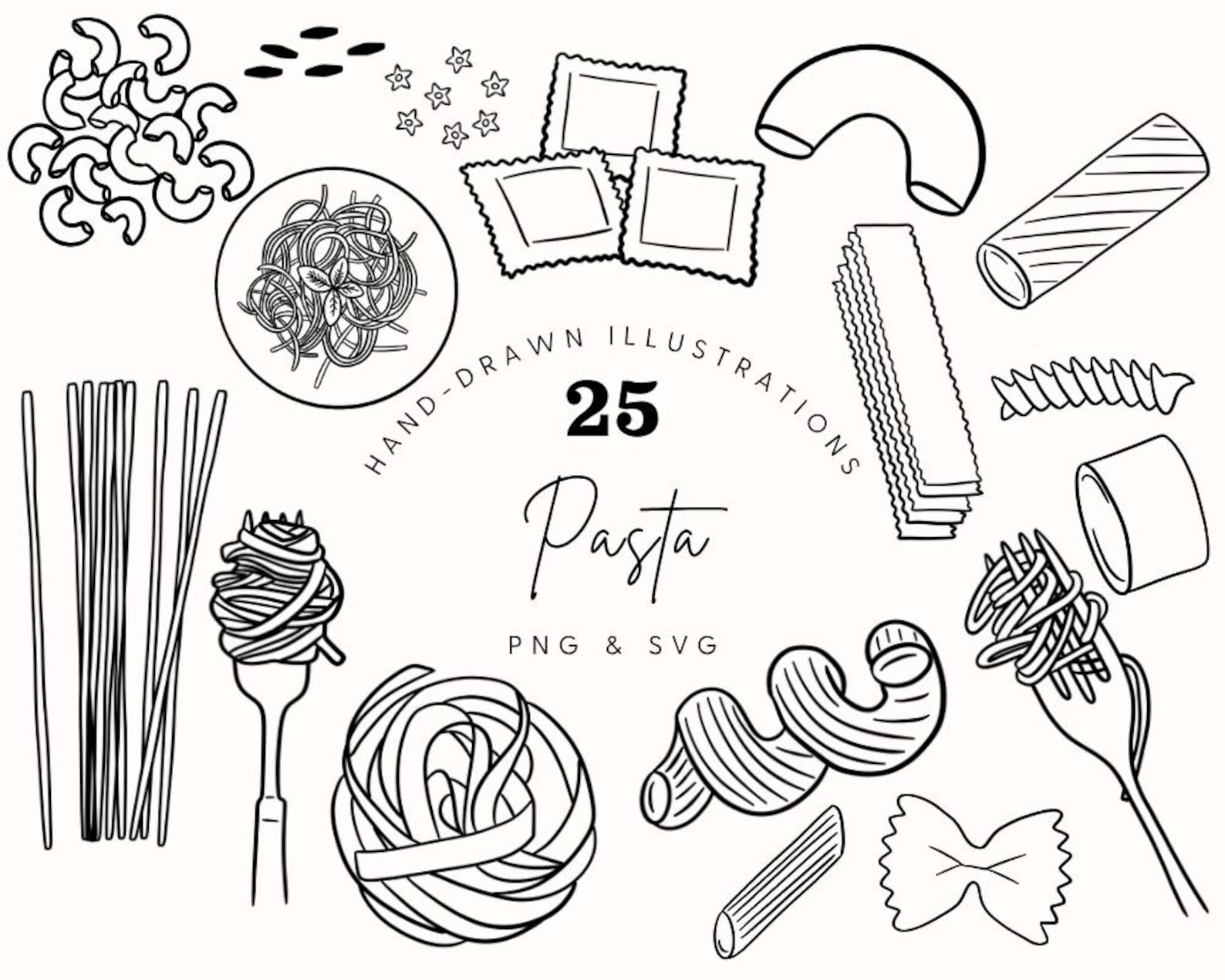 Hand Drawn Pasta Clipart: Italian Food Doodles, SVG PNG Graphics ...