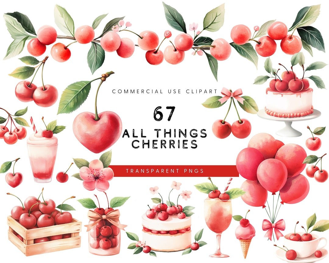 Watercolor Cherry Clipart Set: Coquette Cherry & Bow Pngs (commercial ...