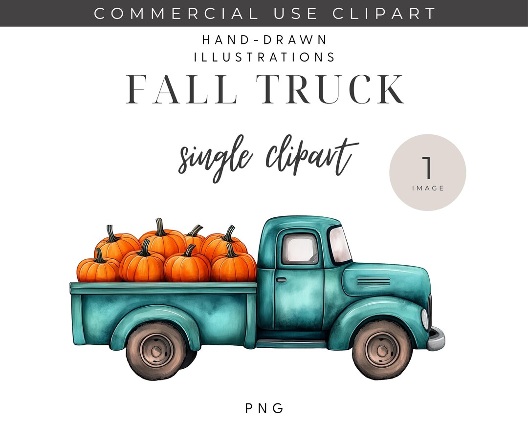 Watercolor Teal Farm Truck Clipart: Autumn Pumpkins (PNG, Commercial ...