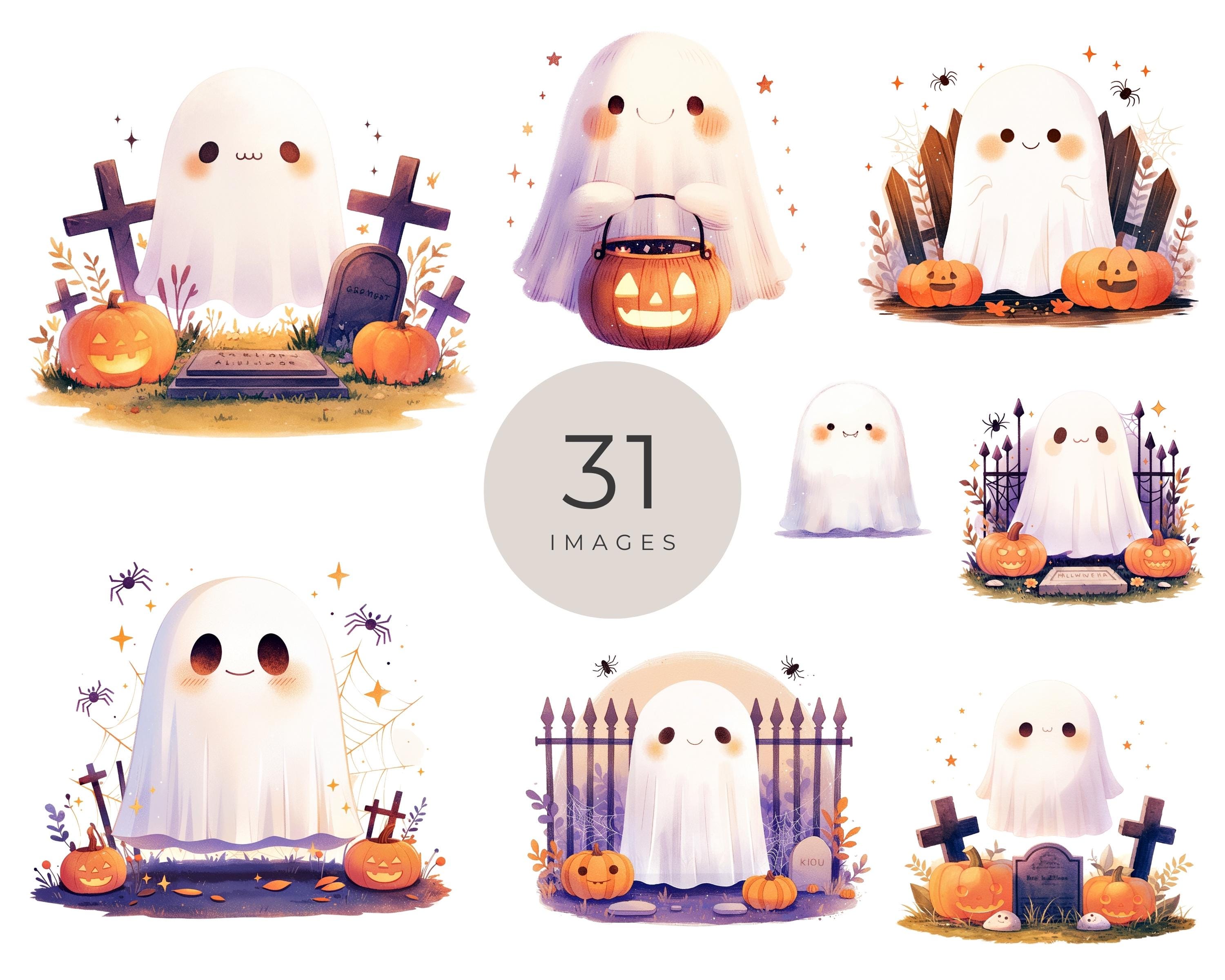 Halloween Ghosts Clipart, Cute Ghosts Clipart Set, PNG, Watercolor ...