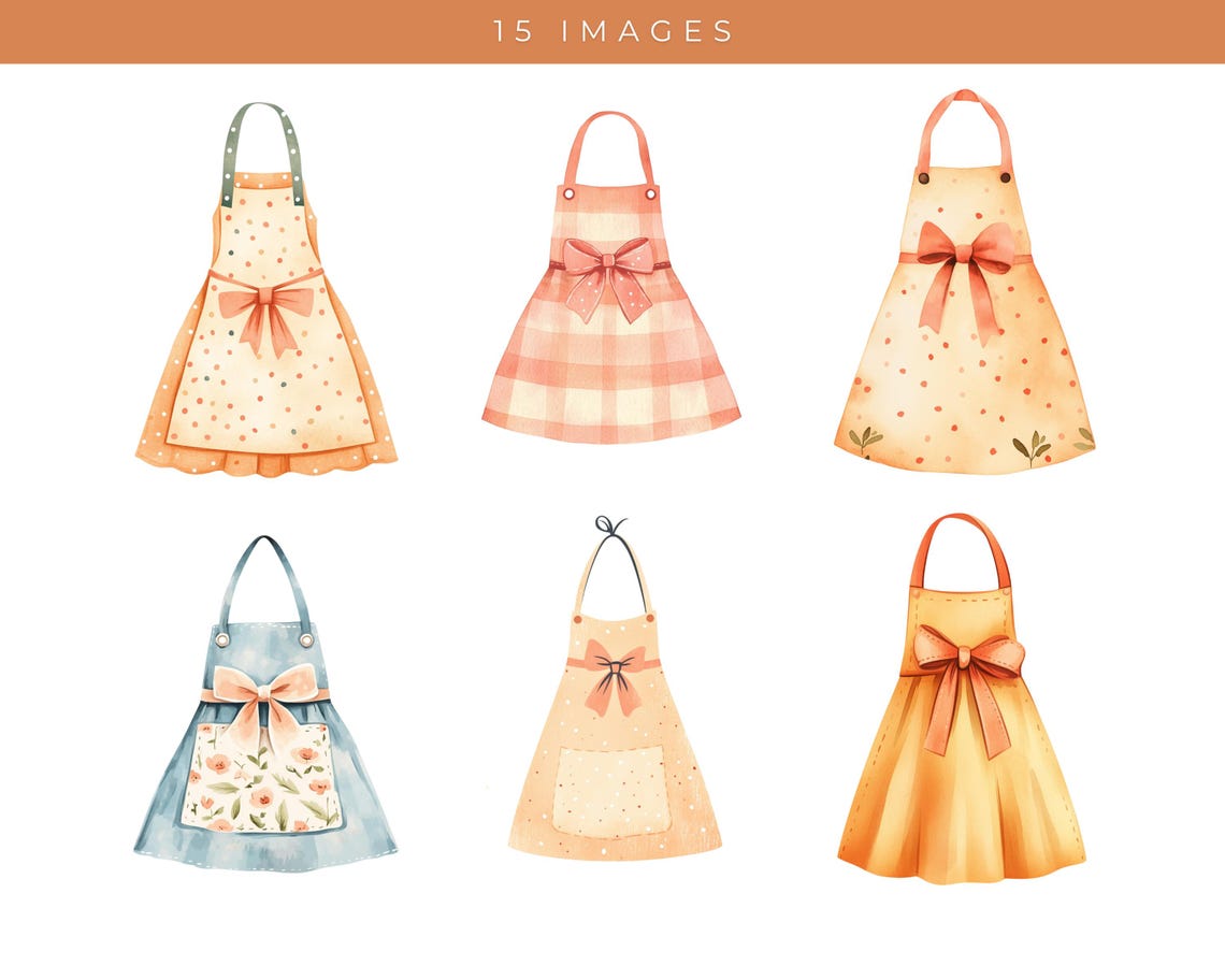 Watercolor Vintage Aprons Clipart, Womens Cute Apron Clipart, Bows ...