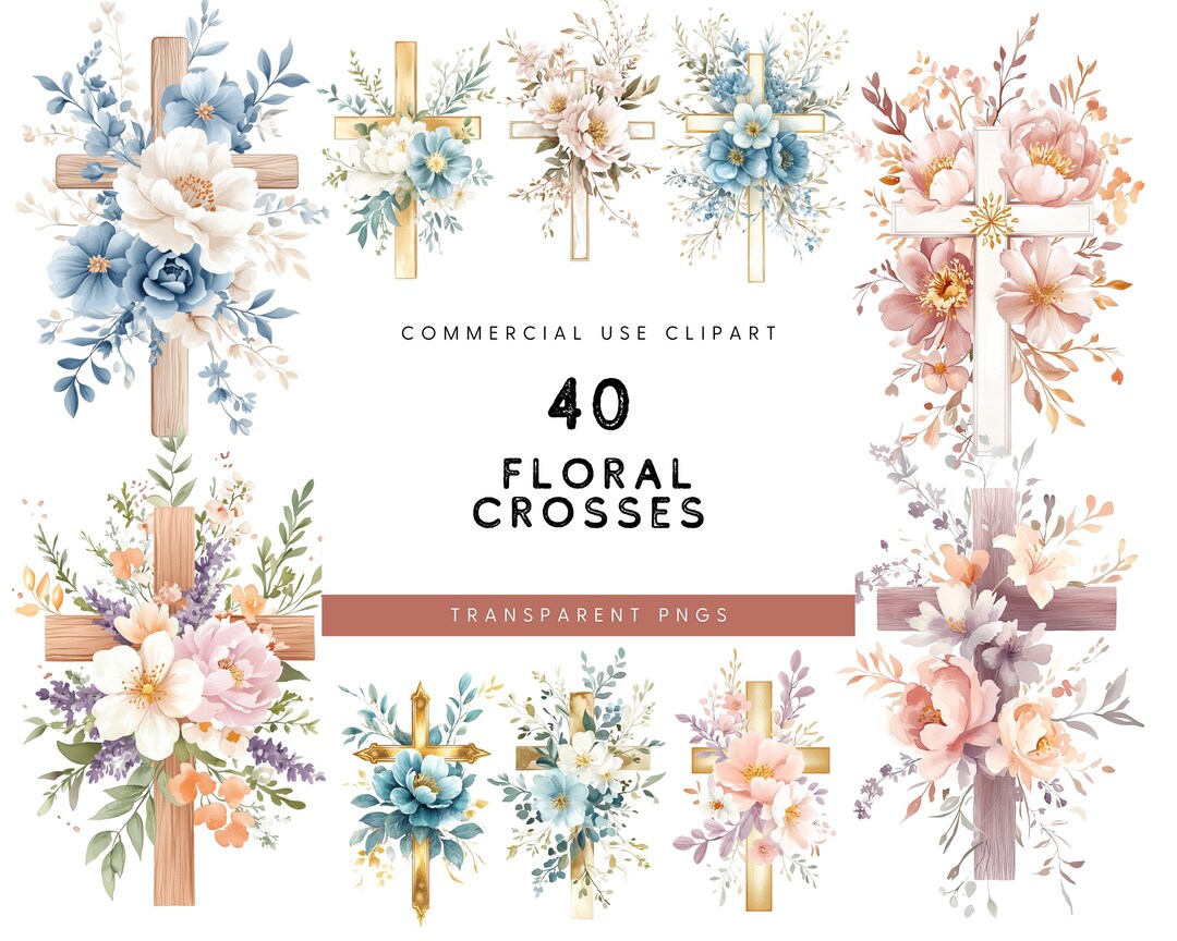 Watercolor Christian Cross Clipart, Watercolor Flower Cross, Clipart ...