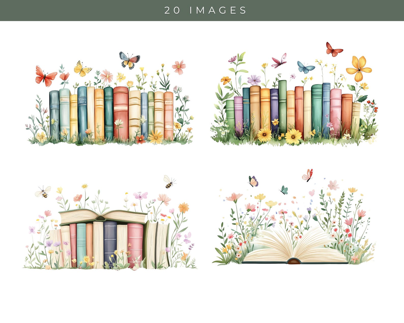 Watercolor Book Stack Clipart: Books and Flowers (commercial Use ...