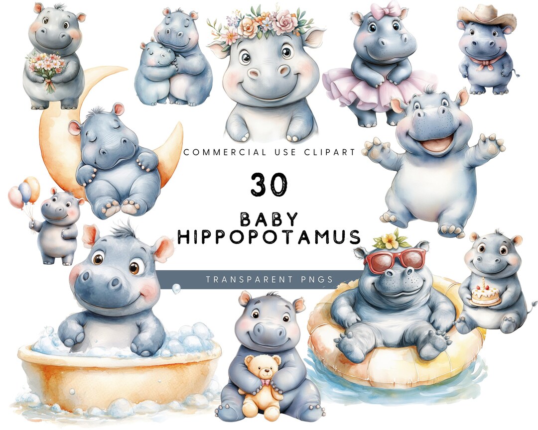 Watercolor Baby Hippo Clipart: Nursery PNG Graphics (commercial Use) - Etsy
