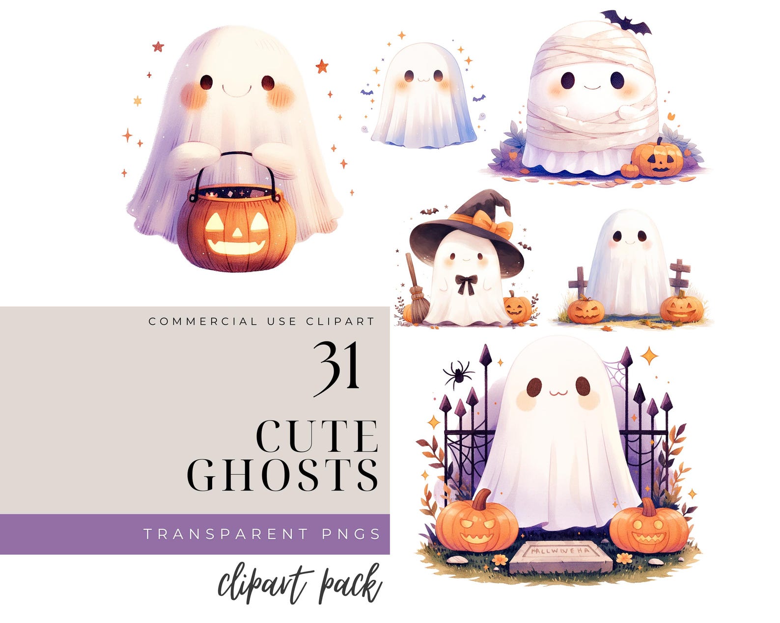 Halloween Ghosts Clipart, Cute Ghosts Clipart Set, PNG, Watercolor ...
