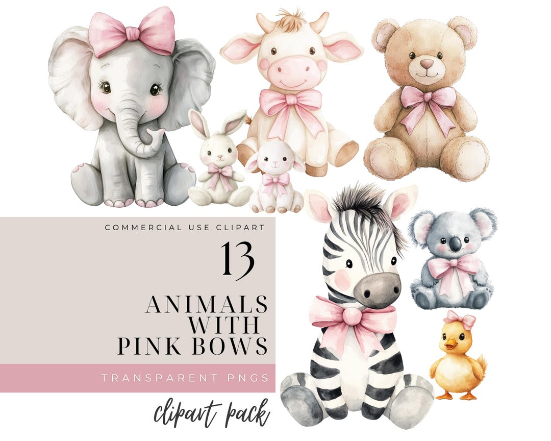 Watercolor Animals Clipart: Pink Bows, Nursery PNG Graphics (digital ...