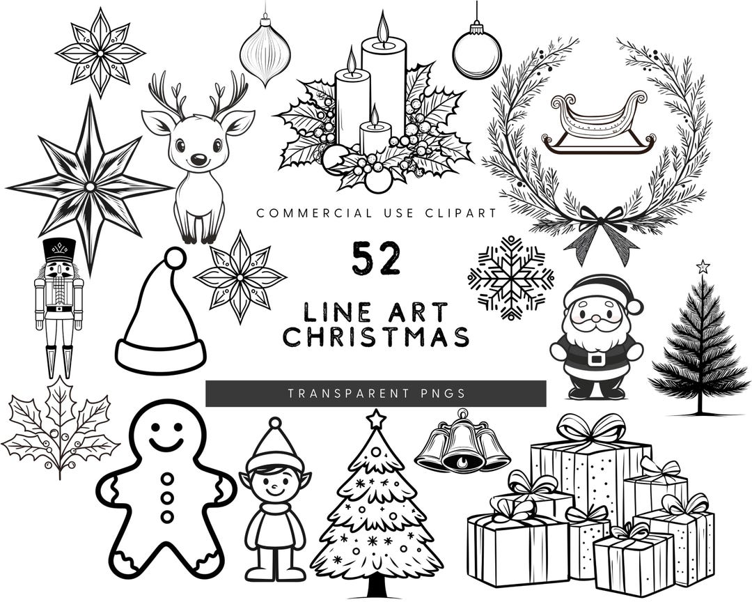 Christmas Line Art Clipart: Festive Holiday Outlines (commercial Use ...