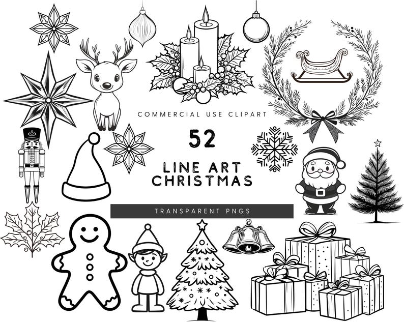 Christmas Line Art Clipart: Festive Holiday Outlines (commercial Use ...