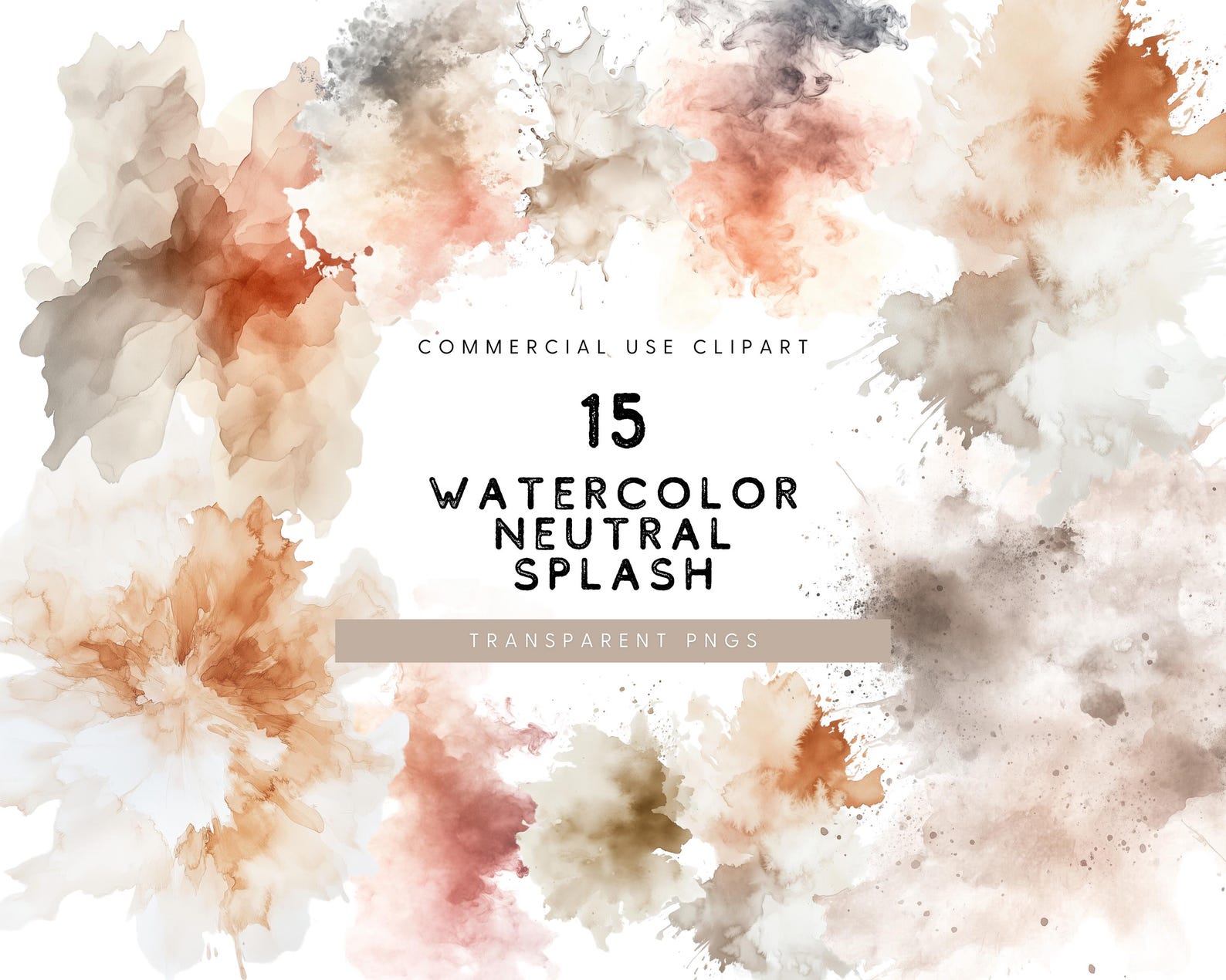 Neutral Watercolor Splatter Clipart: Abstract Texture Backgrounds ...