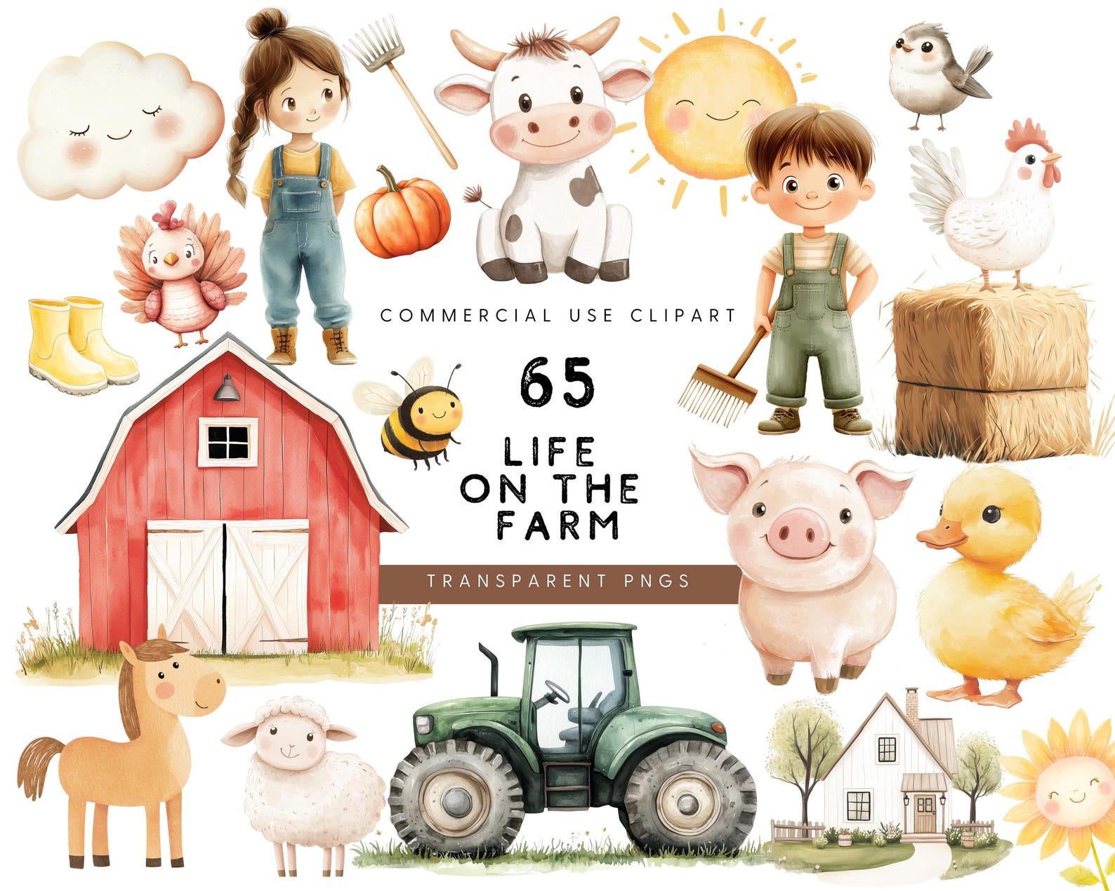 Watercolor Farm Clipart, Neutral Nursery, Watercolor Farm Duck Clipart ...