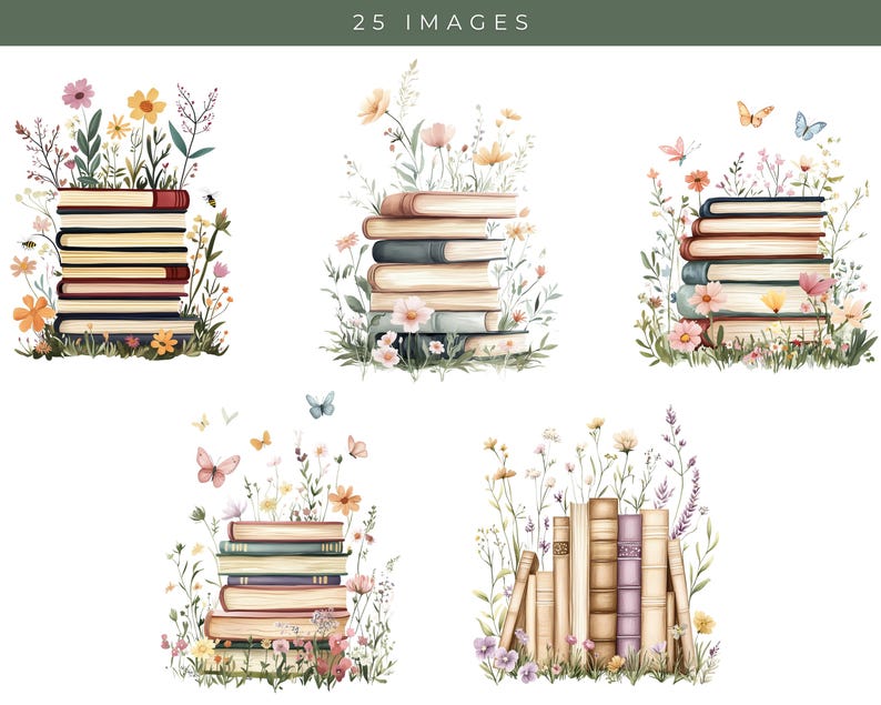 Watercolor Book Stack Clipart: Books and Flowers (commercial Use ...