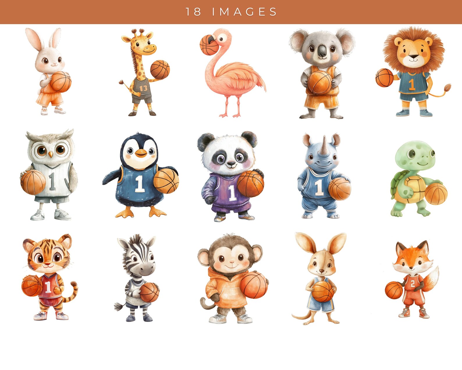 Basketball Animals Clipart, Watercolor Cute Cartoon Sports Nursery ...