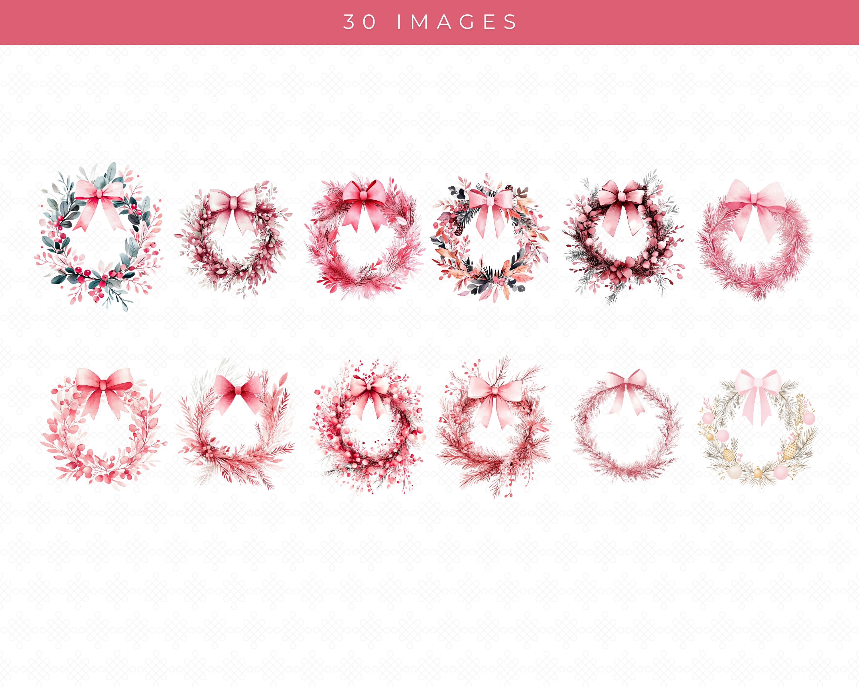 Watercolor Pink Christmas Wreath Clipart: Bows, Floral Pngs (digital ...